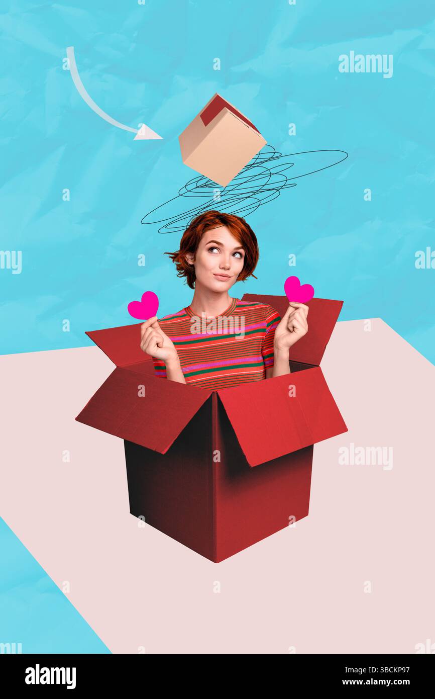 Creative photo collage trend artwork of young lady appear carton box ...