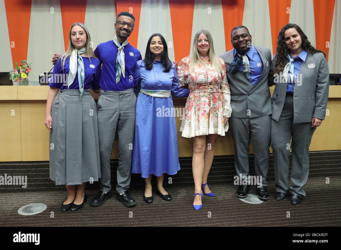 New York, NY - May 19, 2025: UN Tour Guides Uniform models. Global ...