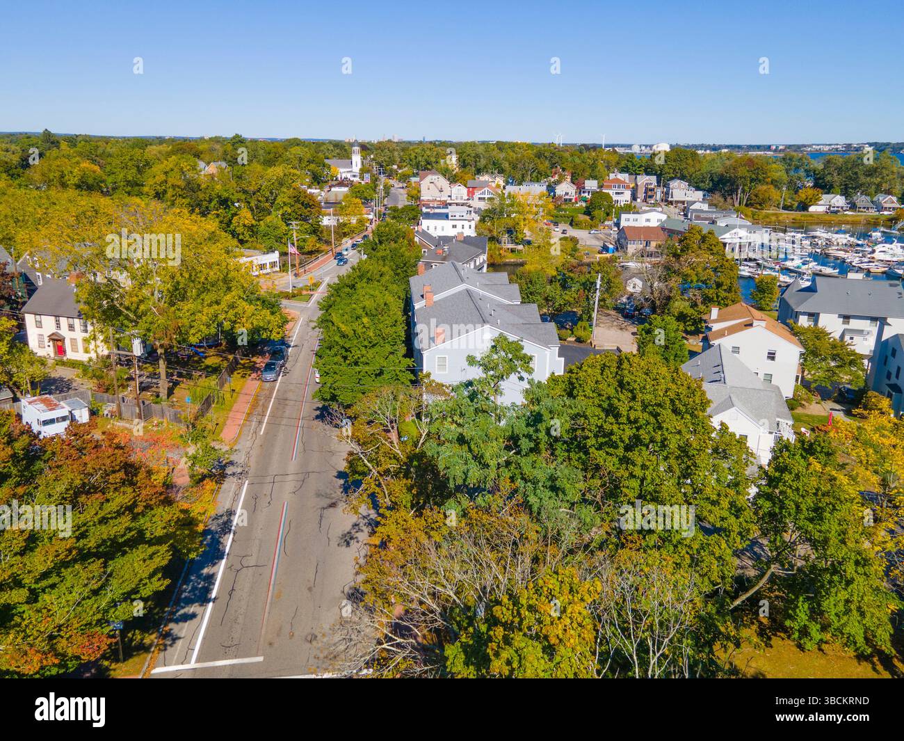 Pawtuxet village aerial view in fall between city of Cranston and ...