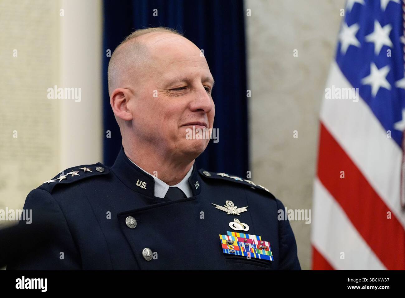 Space Force vice chief of operations Gen. Michael Guetlein listens as ...