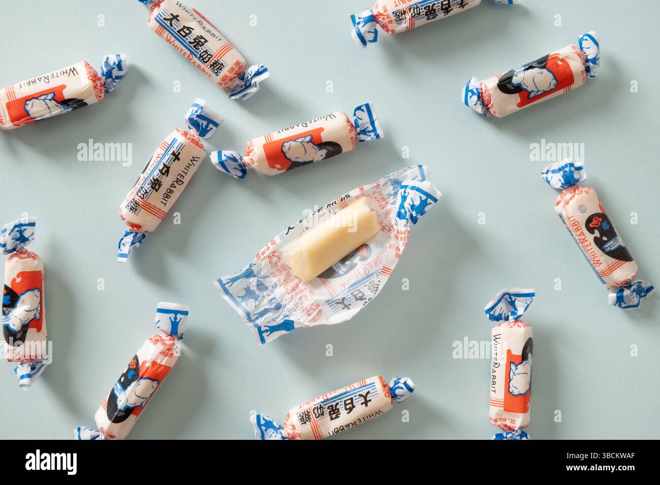 Russia, Moscow 2025 05 20. Heap of famous Chinese White Rabbit Creamy ...