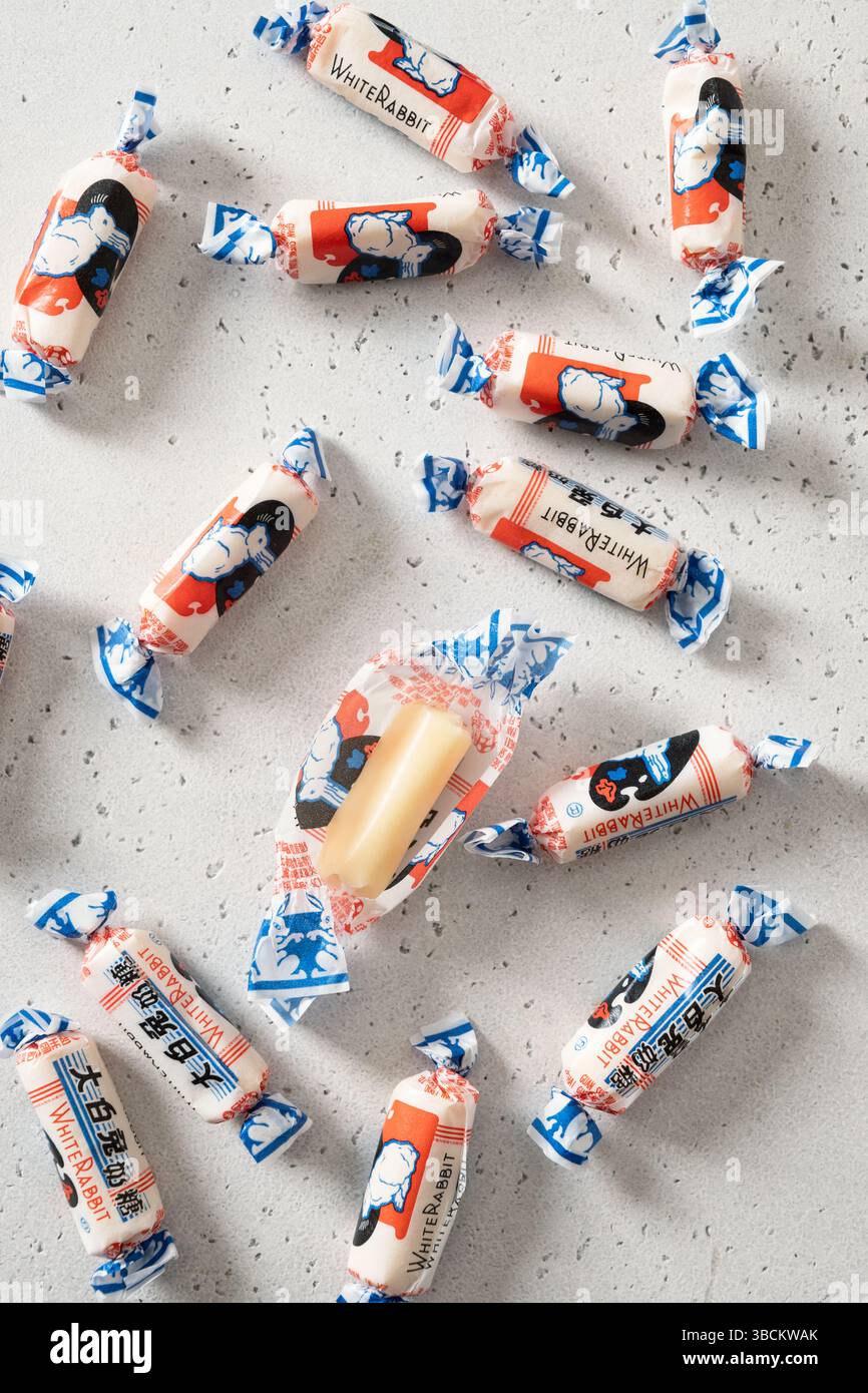 Russia, Moscow 2025 05 20. Heap of famous Chinese White Rabbit Creamy ...