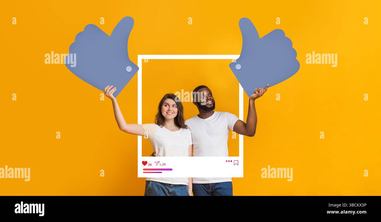 Couple celebrating likes and engagement on social media in vibrant ...