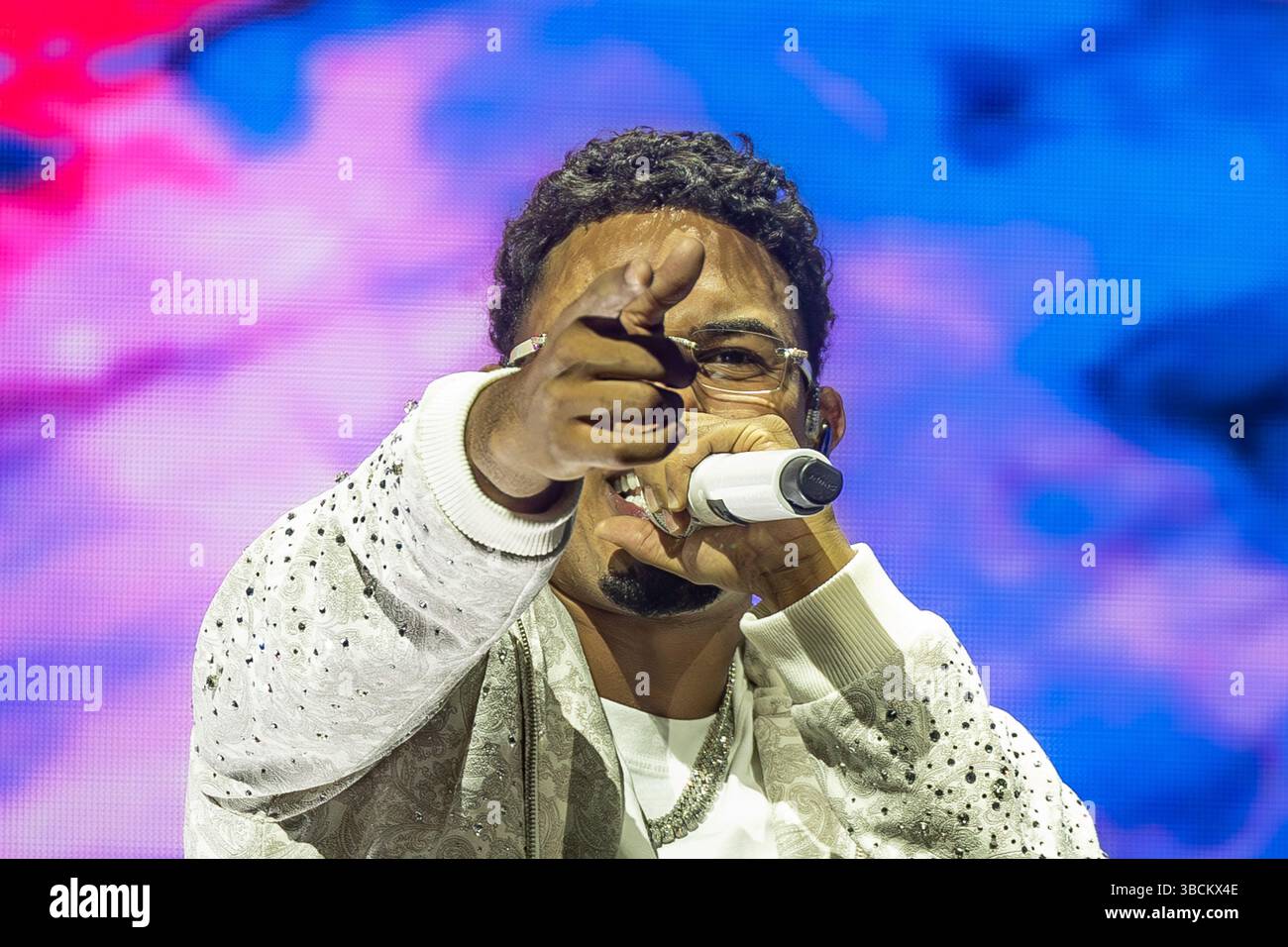 The singer Myke Towers, during his concert at the Movistar Arena, on ...