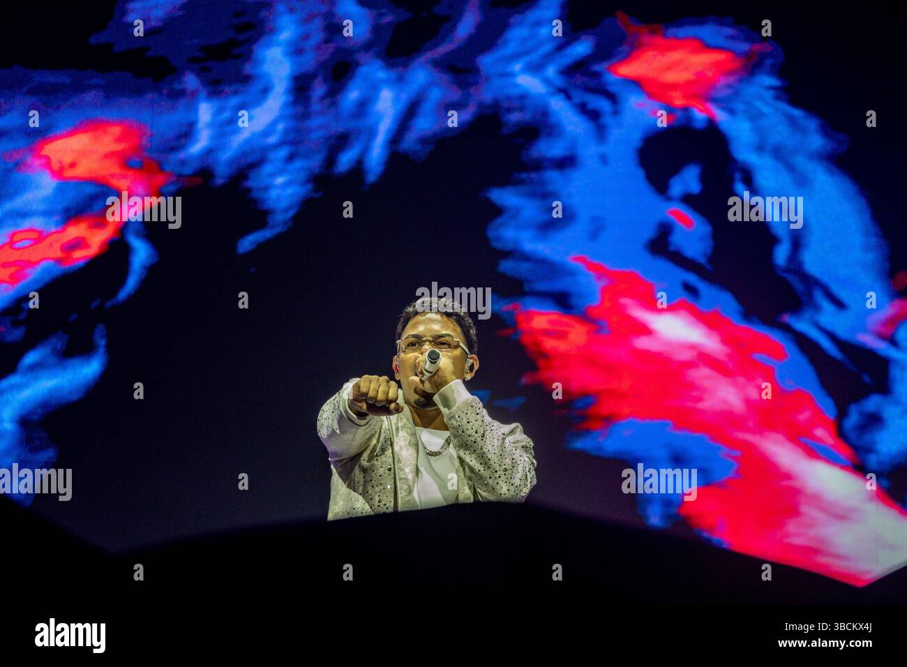 The singer Myke Towers, during his concert at the Movistar Arena, on ...