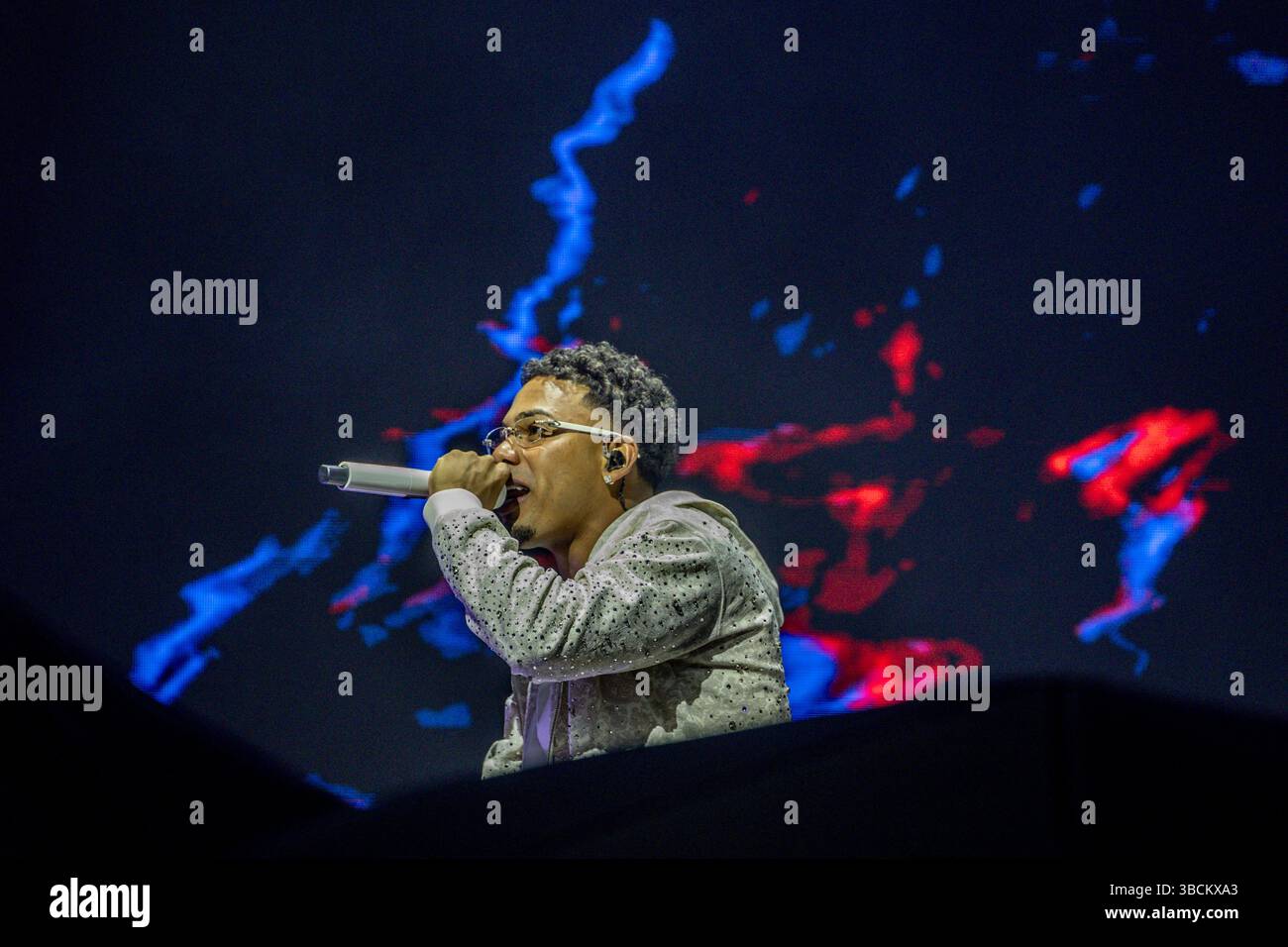 The singer Myke Towers, during his concert at the Movistar Arena, on ...