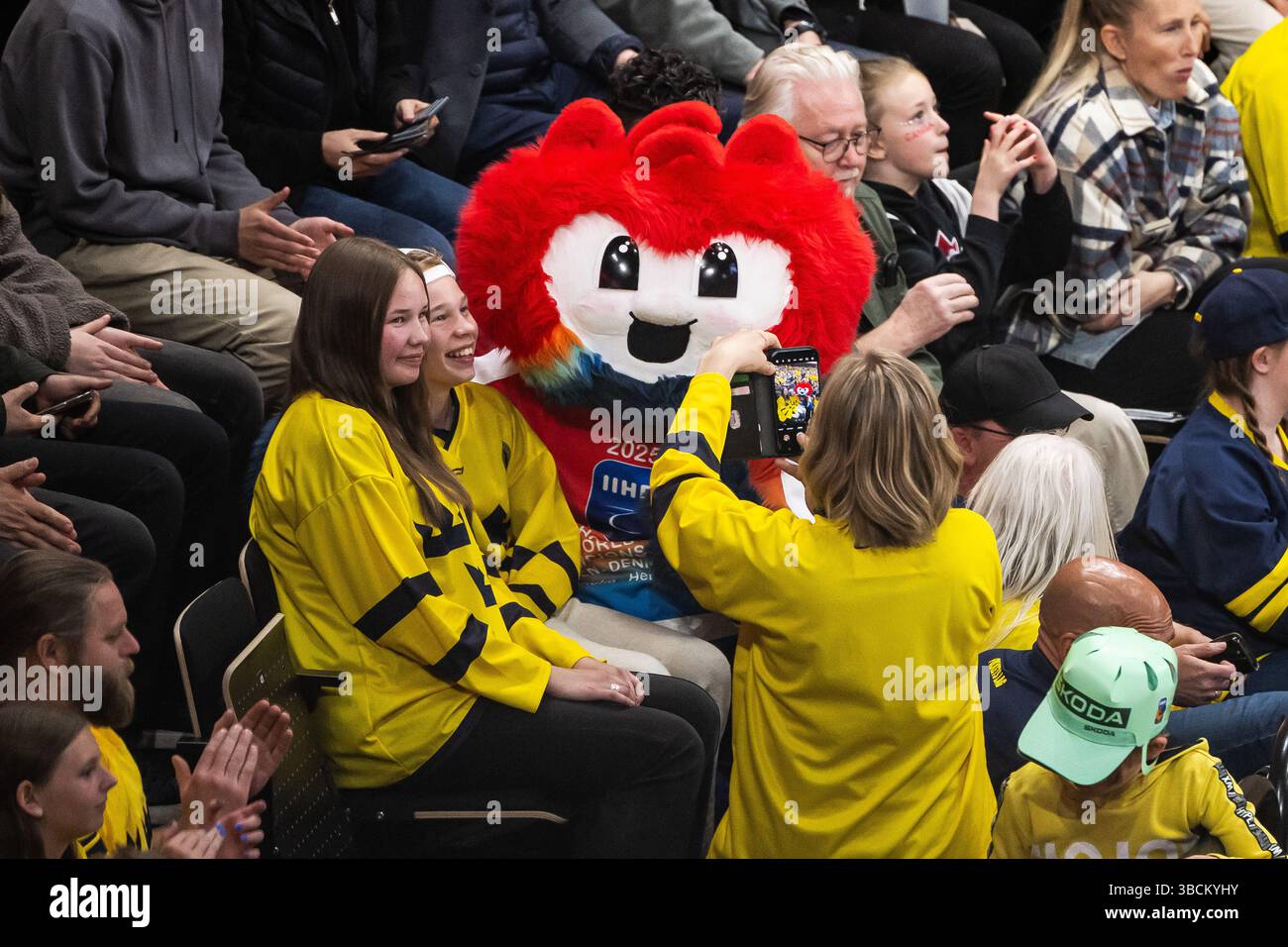 The official mascot Beaty in the stands with fans during the 2025 IIHF Ice Hockey World ...