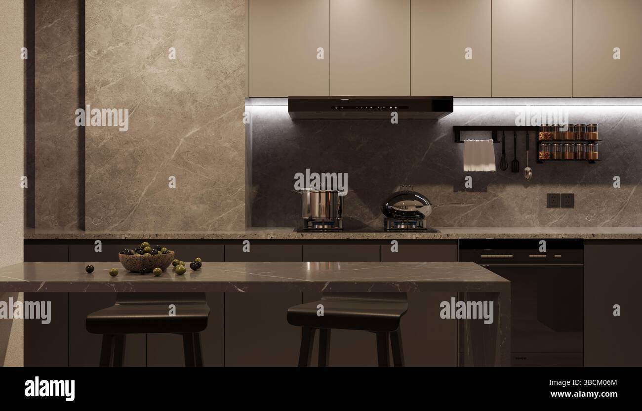 A modern kitchen showcases its elements under soft white lighting ...