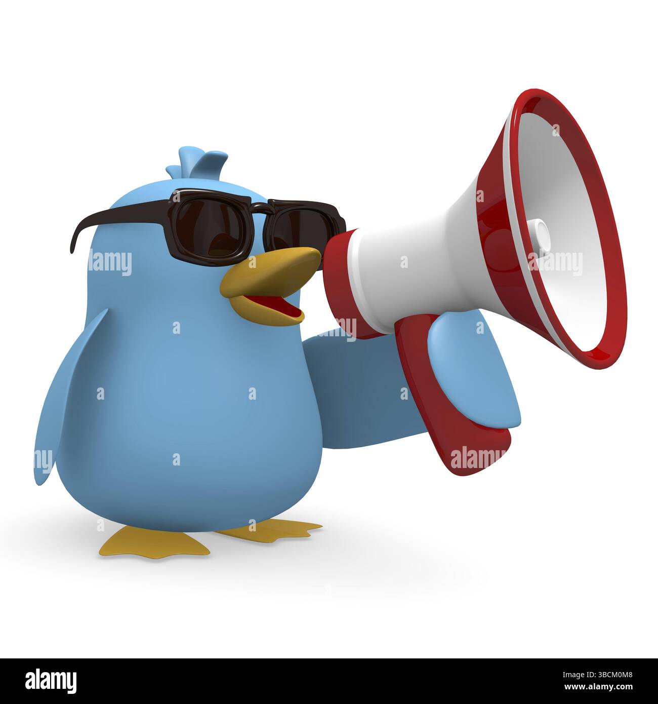 Cool blue bird with a megaphone on a white background Stock Photo - Alamy