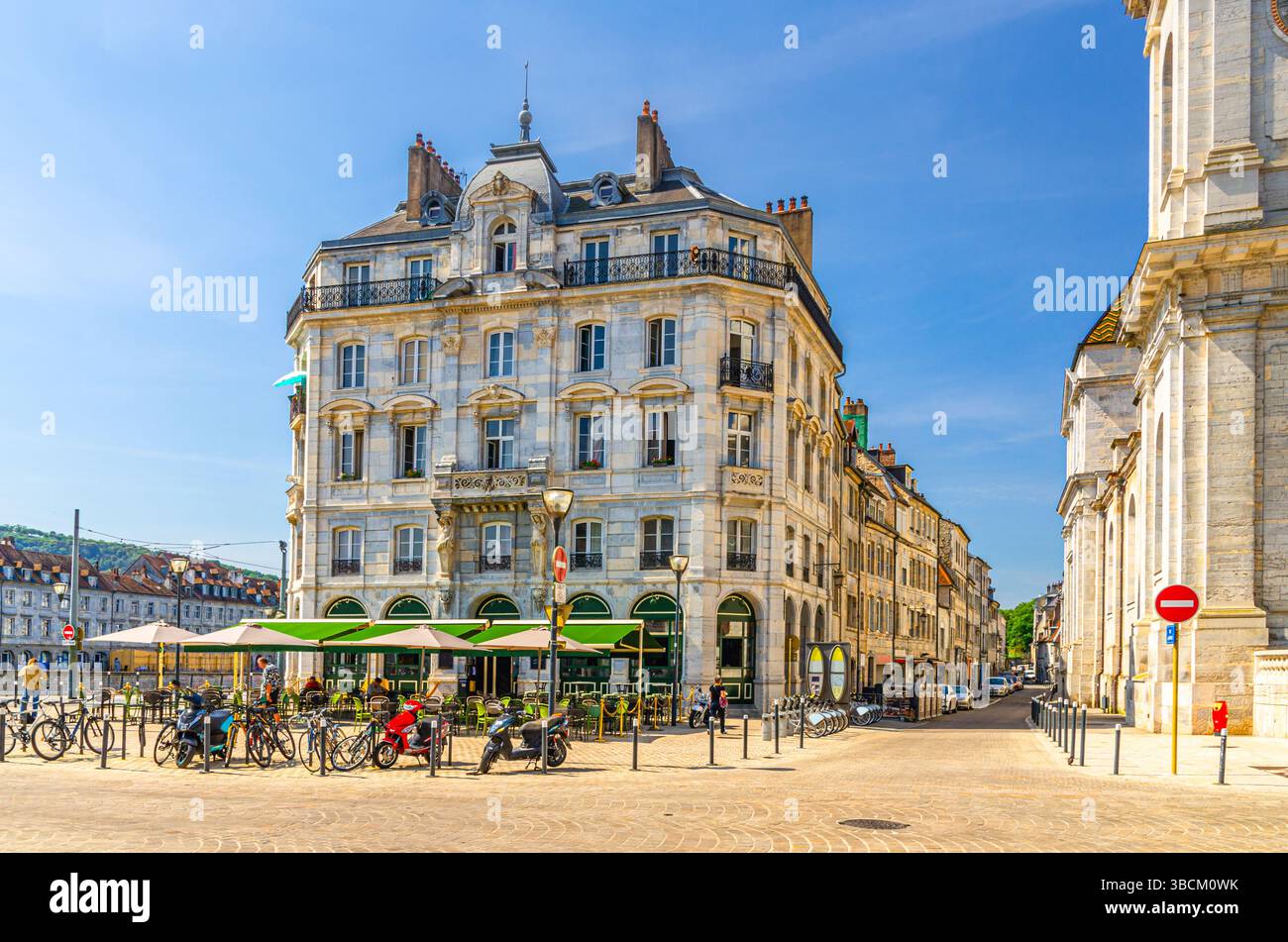 Street restaurant old building in Besancon old town centre ville ...