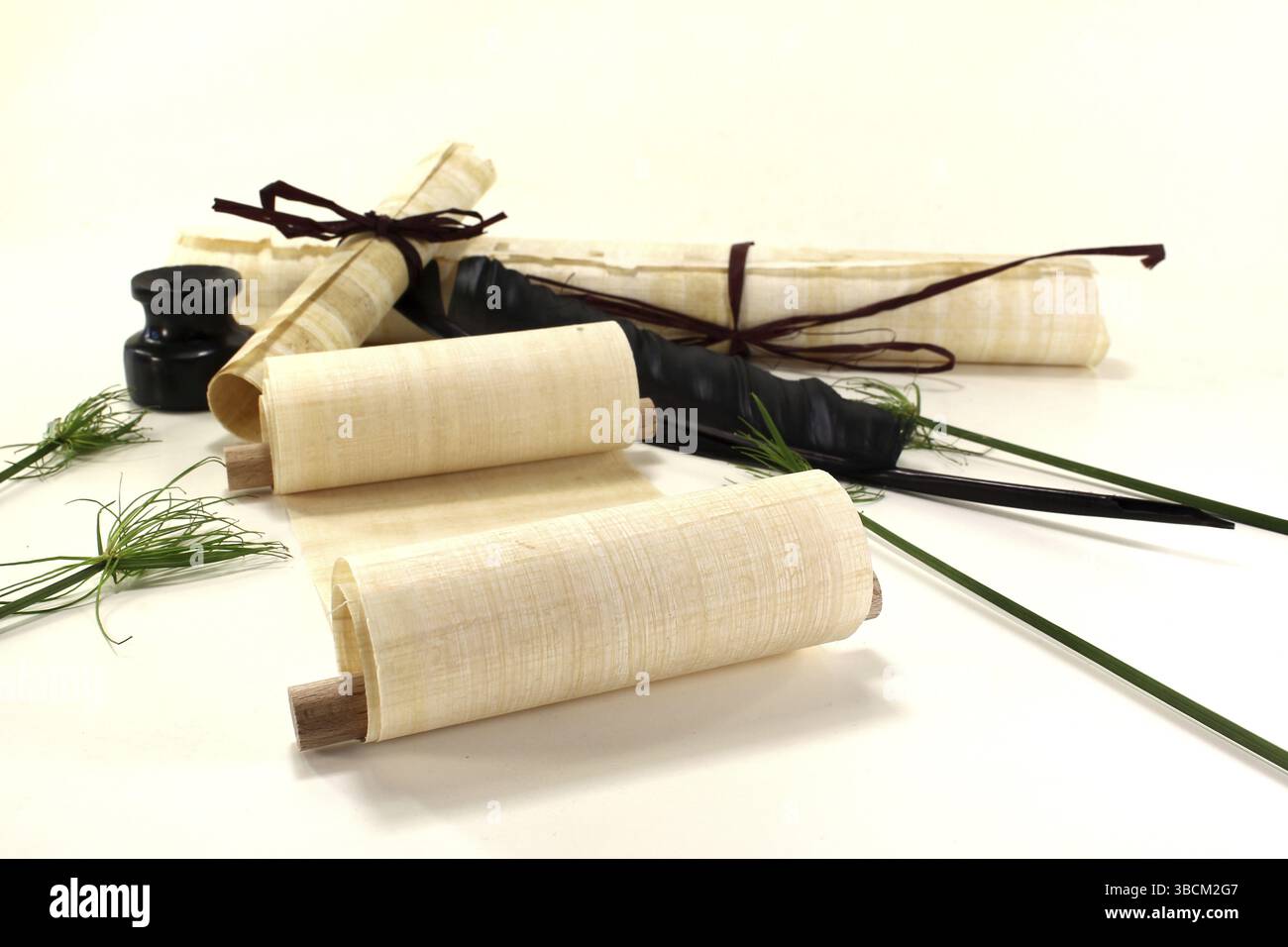 Papyrus scrolls with quill, inkwell and papyrus against a light ...