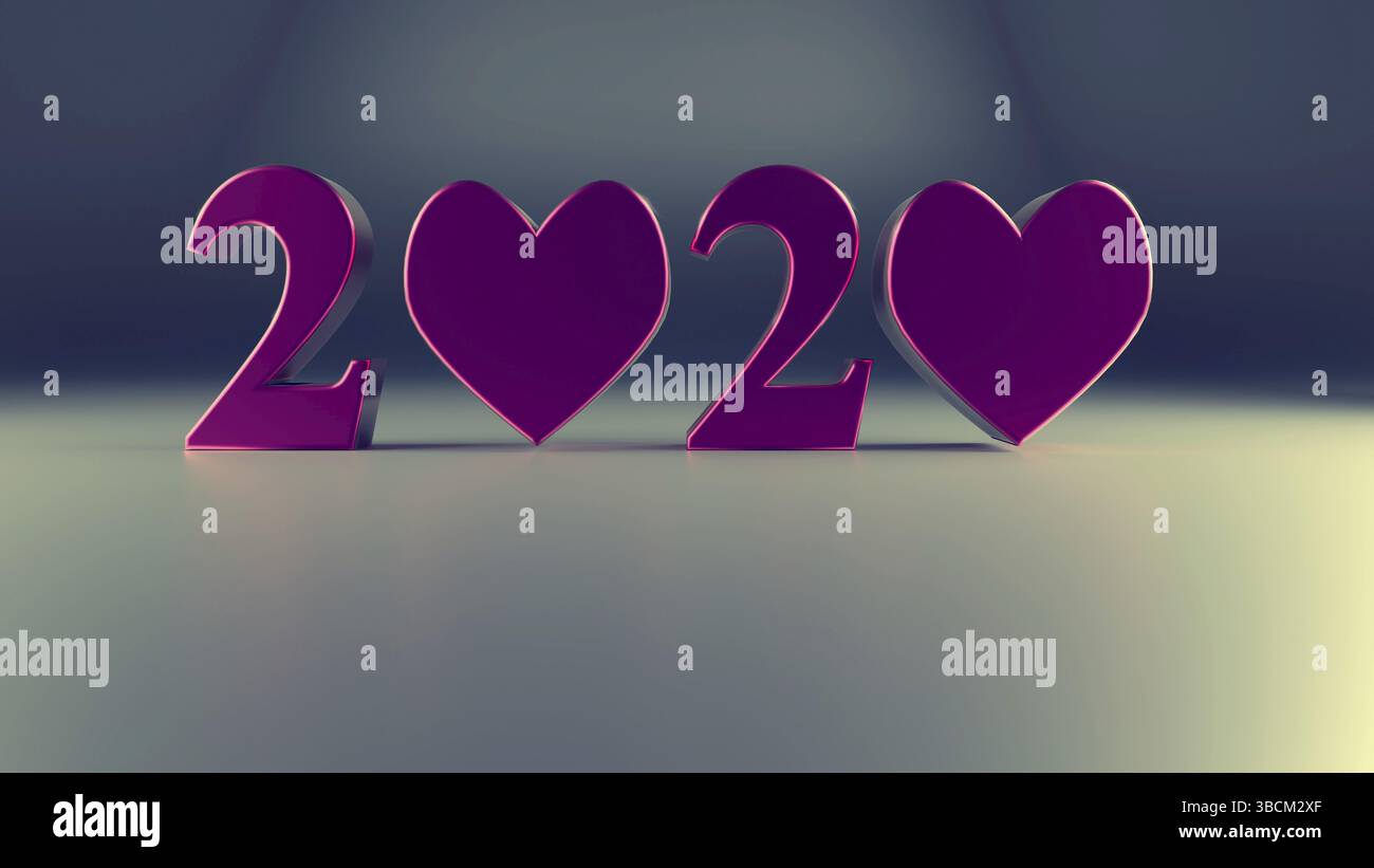 Pink steel number 2020 with heart shapes and reflections, 3d rendering ...
