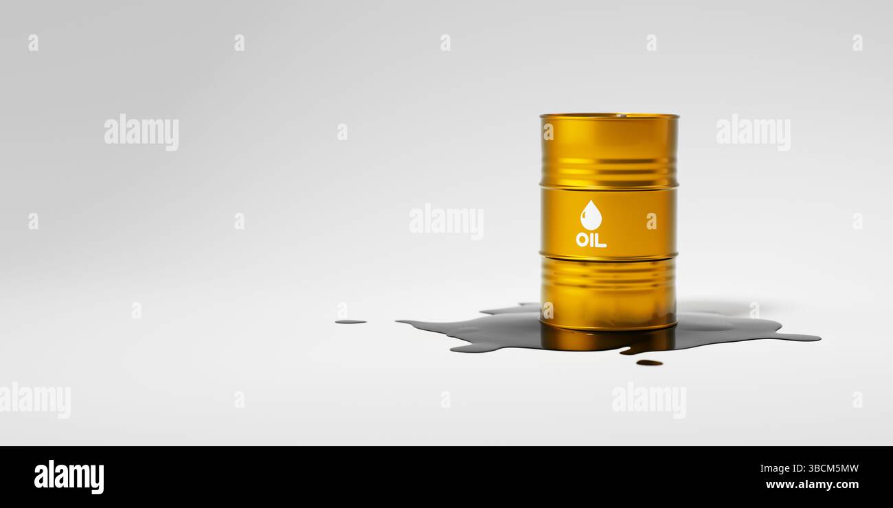 Single gold metal oil barrel stand on spilled puddle of crude oil on ...