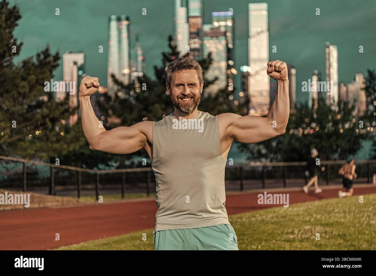 Athlete show biceps and triceps. Man flex arms with biceps. Strong ...