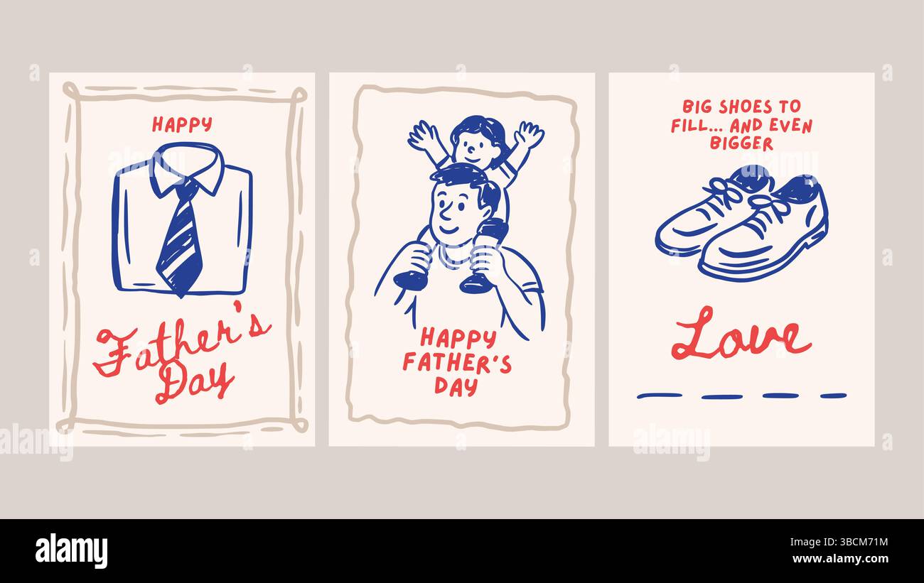 Happy Fathers Day Dad Greeting Doodle Sketch Vintage Card Set - Hand ...