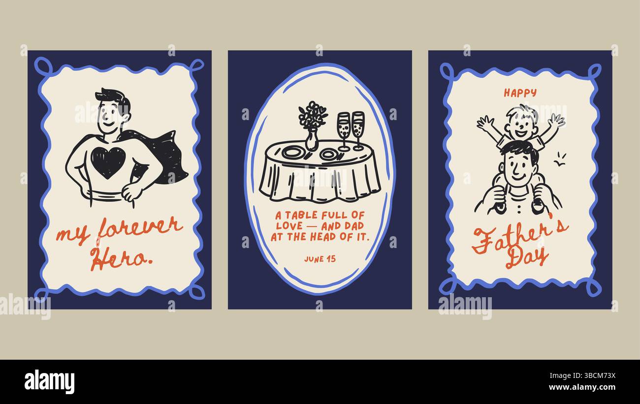 Happy Fathers Day Dad Greeting Doodle Vintage Sketch Card Set. Holiday ...
