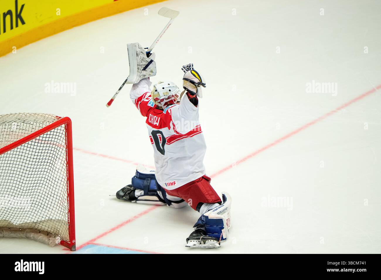 Denmark's goalkeeper Frederik Dichow, reacts after making against Germany's Dominik Kahum during ...