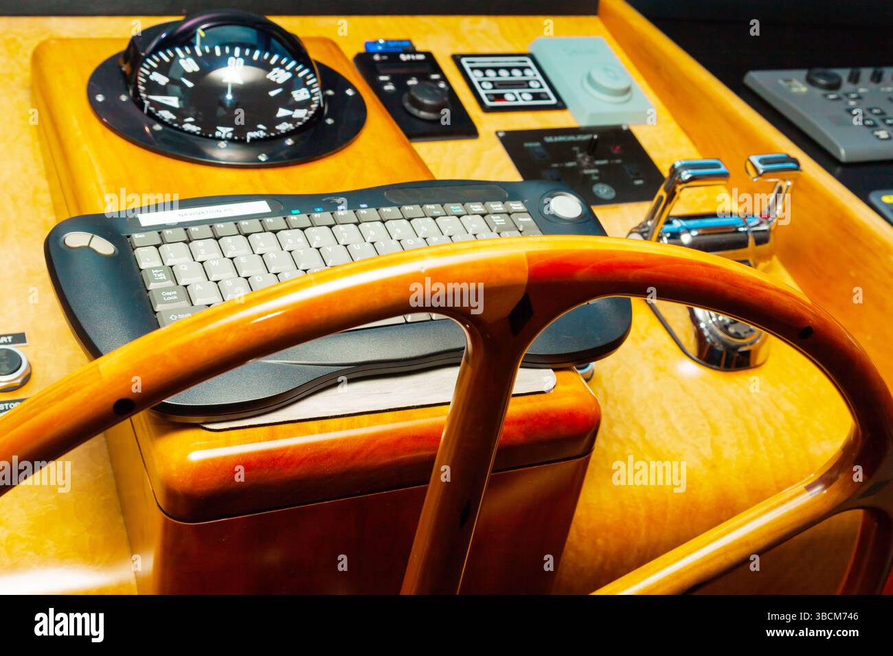 Cabin control yacht. Navigation panel with steering wheel and gearshift ...