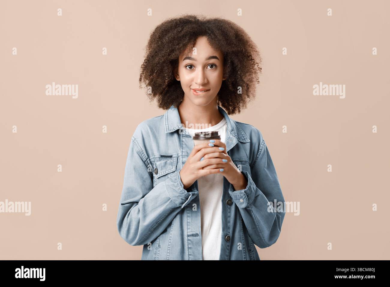 Coffee break. Cute millennial student or employee woman imagines taste ...