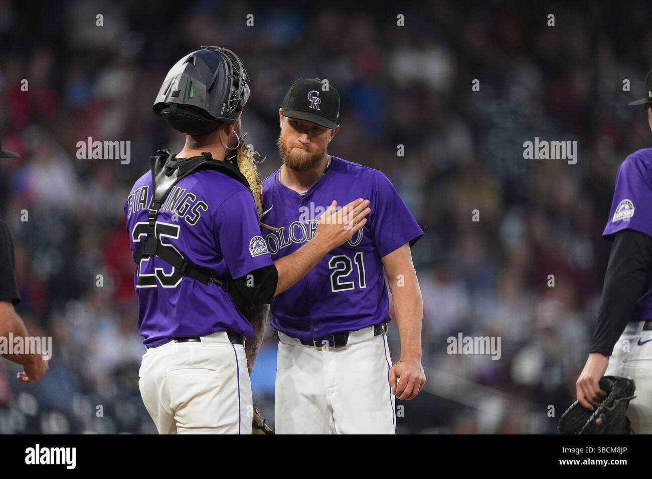 Colorado Rockies catcher Jacob Stallings (25) encourages starting ...