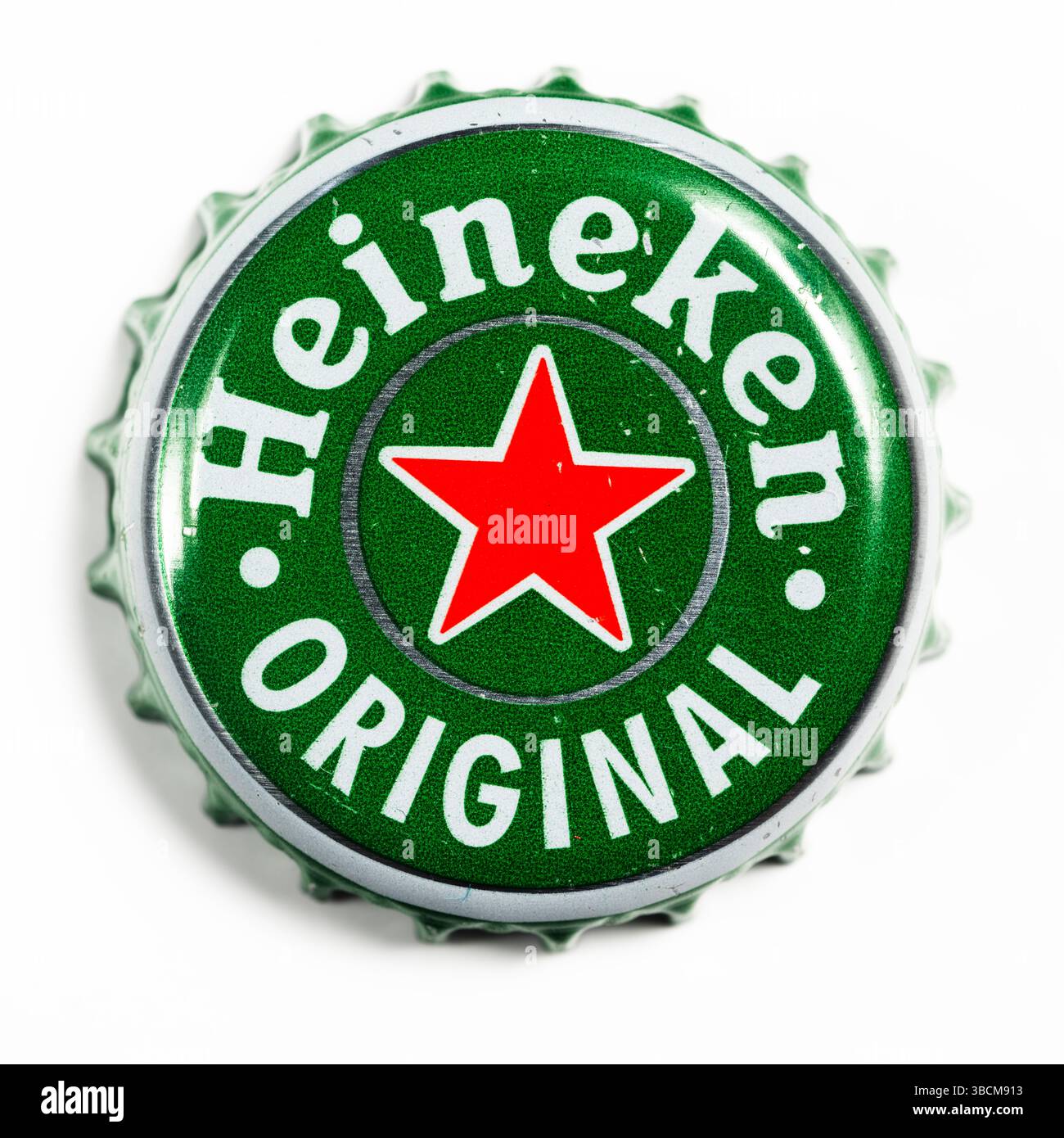 Bavaria, Germany - April 24, 2025: A close-up of a green Heineken ...