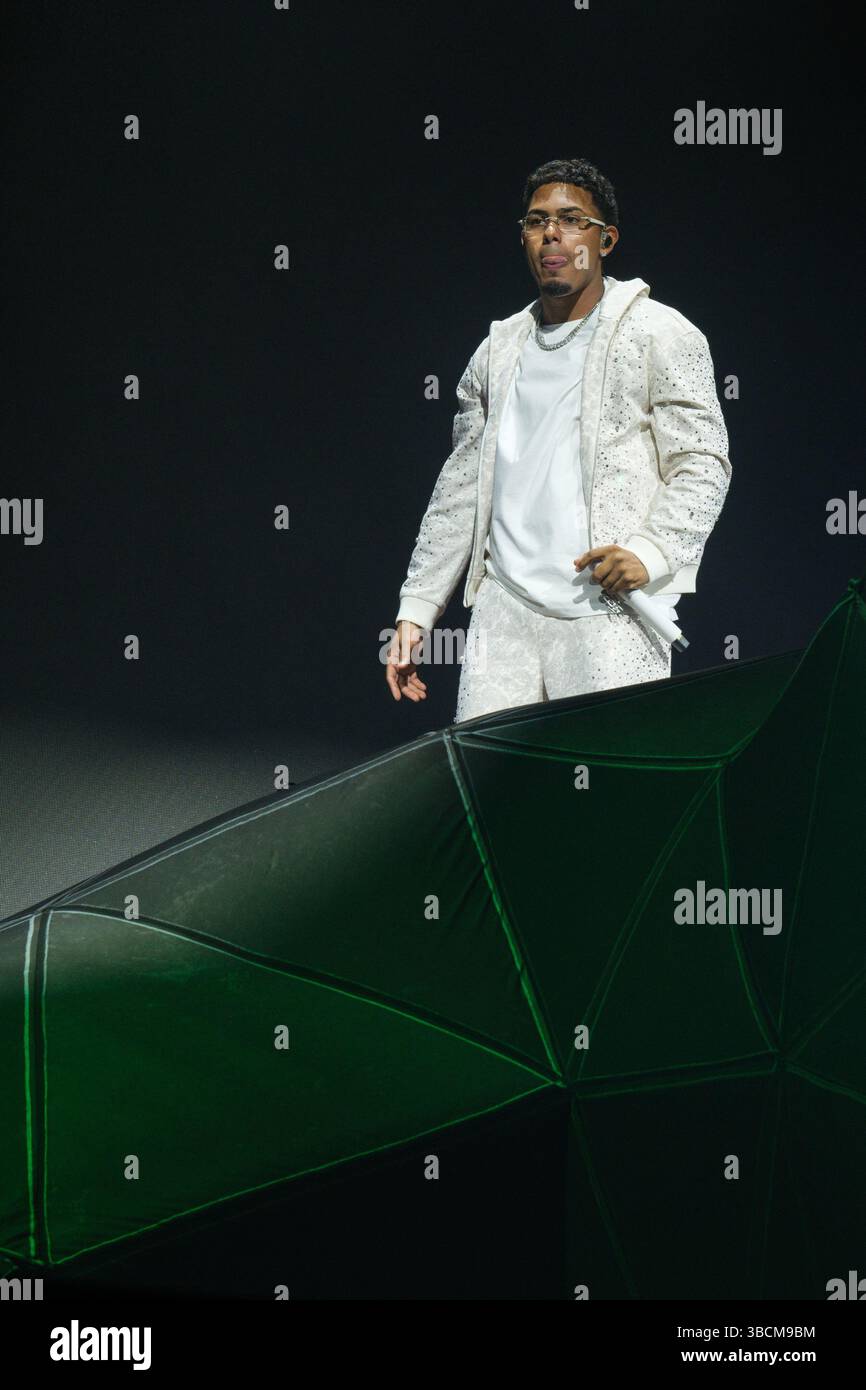 The singer Myke Towers, during his concert at the Movistar Arena, on 20 ...