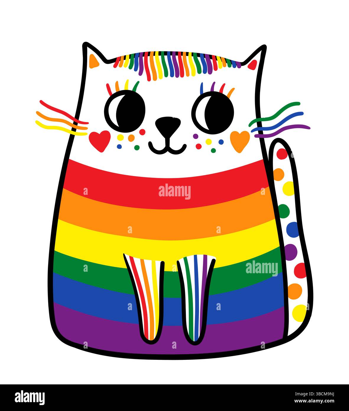 Cute hand drawn vector cat in rainbow pride flag colors, colorful fun ...