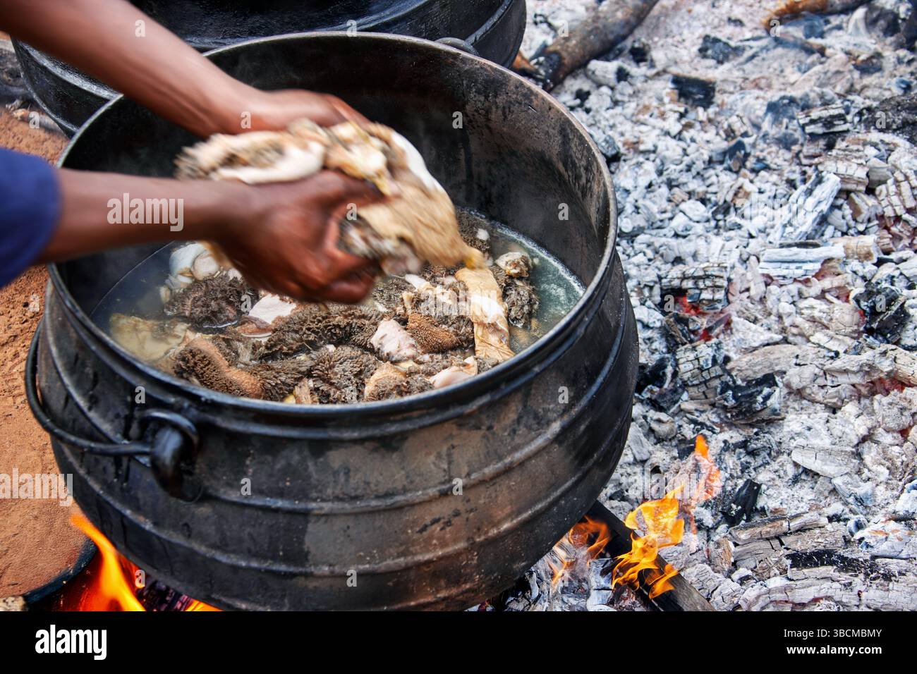 village african man picking boiled cow beef tripe from three legged ...
