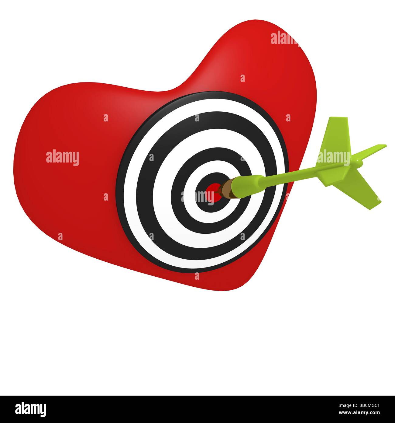 Dart hitting a heart shaped target on a white background, 3d love ...