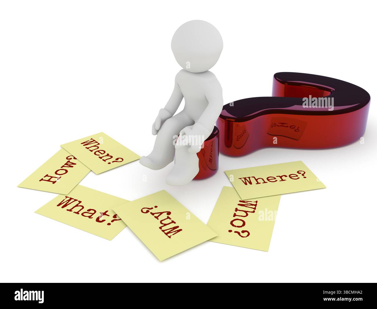 Small character sitting on a glossy red question mark, six sticky notes ...