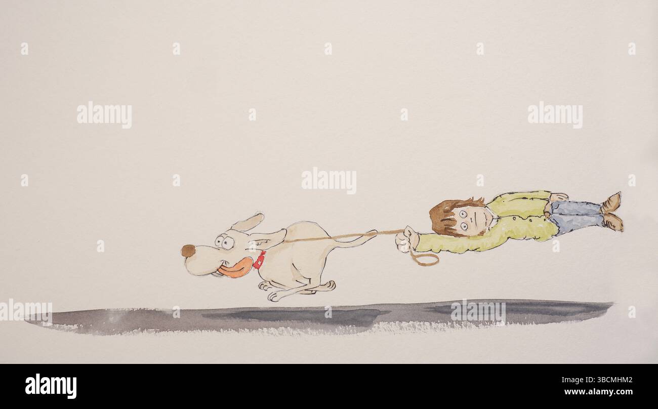 Furious dog pulls dog sitter after him, watercolor cartoon drawing ...