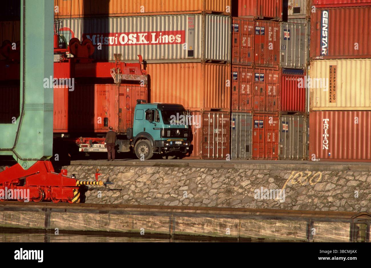 Truck at container terminal, inland port, Stuttgart, Baden-Wuerttemberg ...