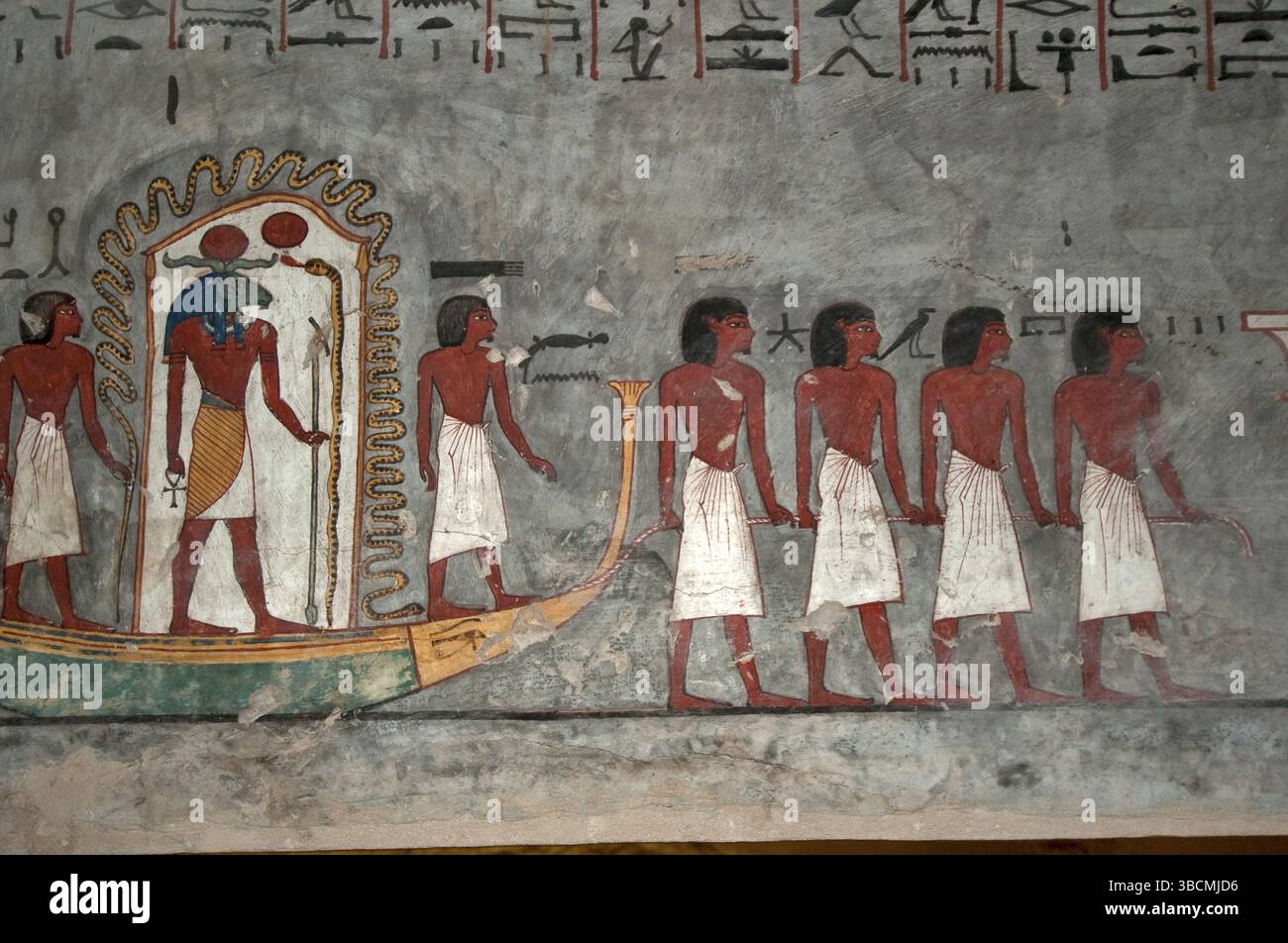 Wall painting, sun barque, burial chamber of Ramses I, tomb number KV ...