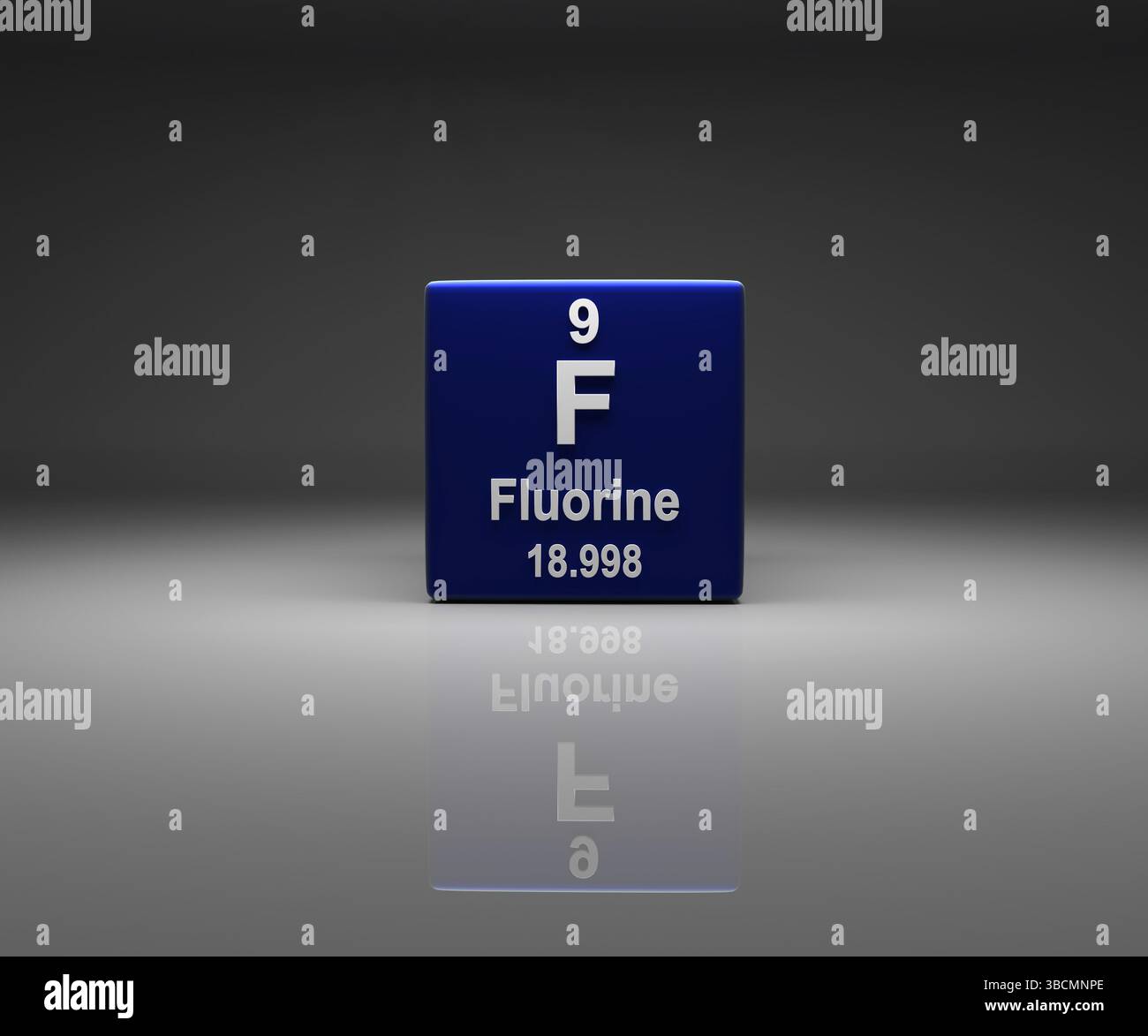 Cube with Fluorine number 9 periodic table, 3d rendering Stock Photo ...