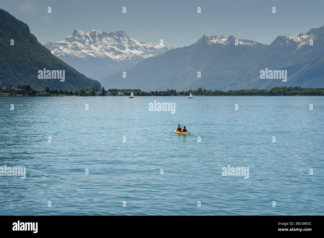 horizontal view of the Swiss Alps mountain and Lake Geneva landscape ...