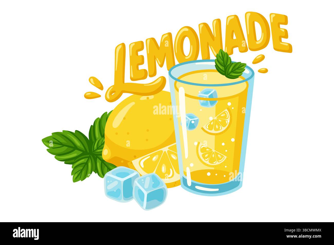 Fresh summer lemonade in glass with lemon, ice, mint leaves and bold ...