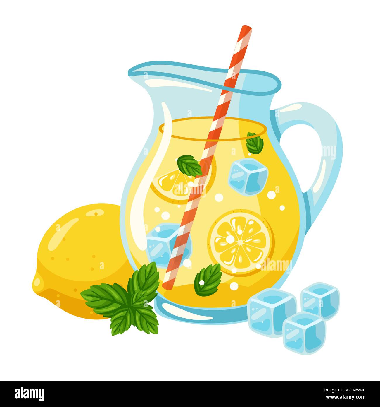 Jug of lemonade with lemon slices, mint leaves, ice cubes and striped straw. Cartoon vector ...