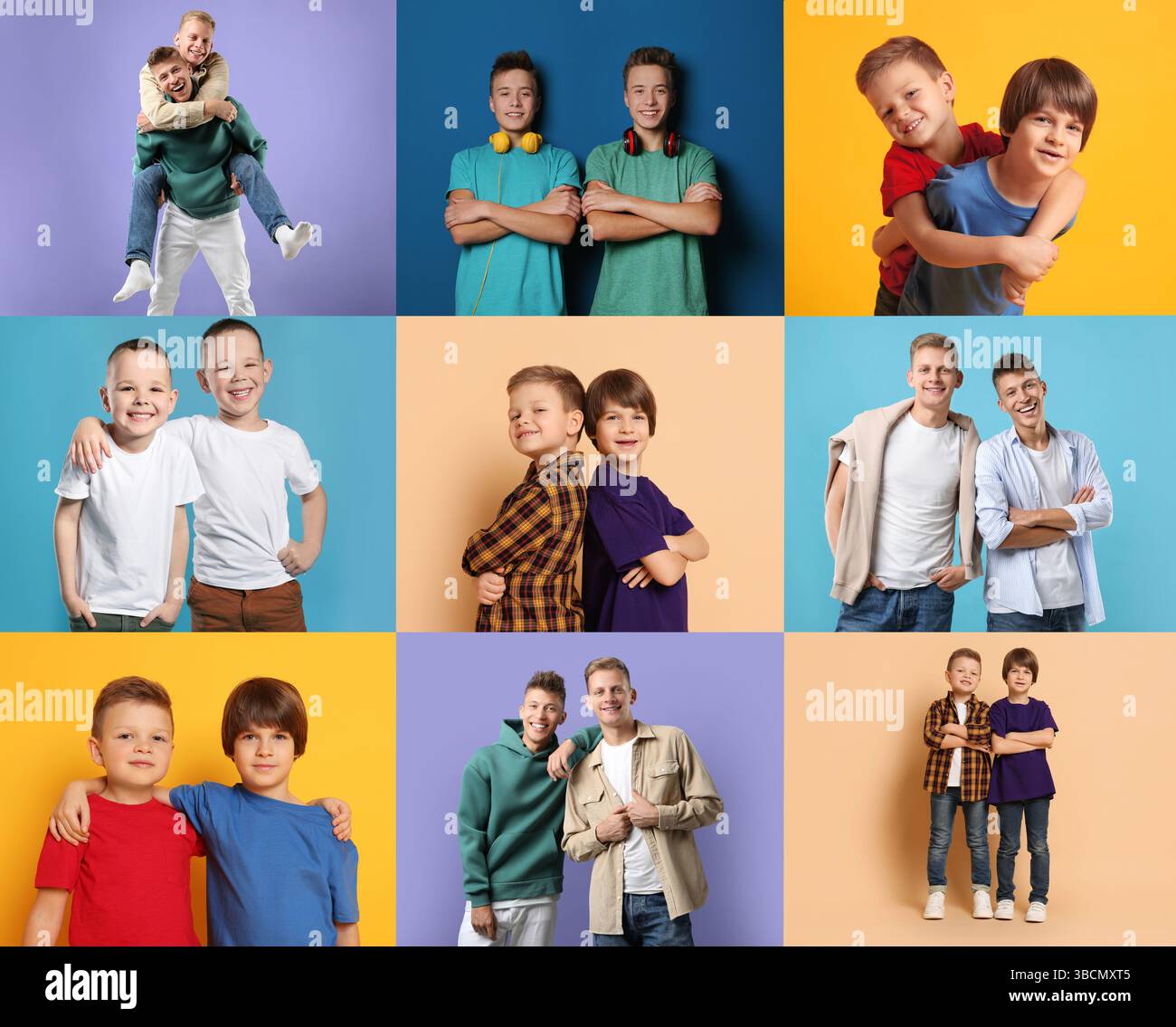 Collage with photos of brothers on color backgrounds Stock Photo - Alamy