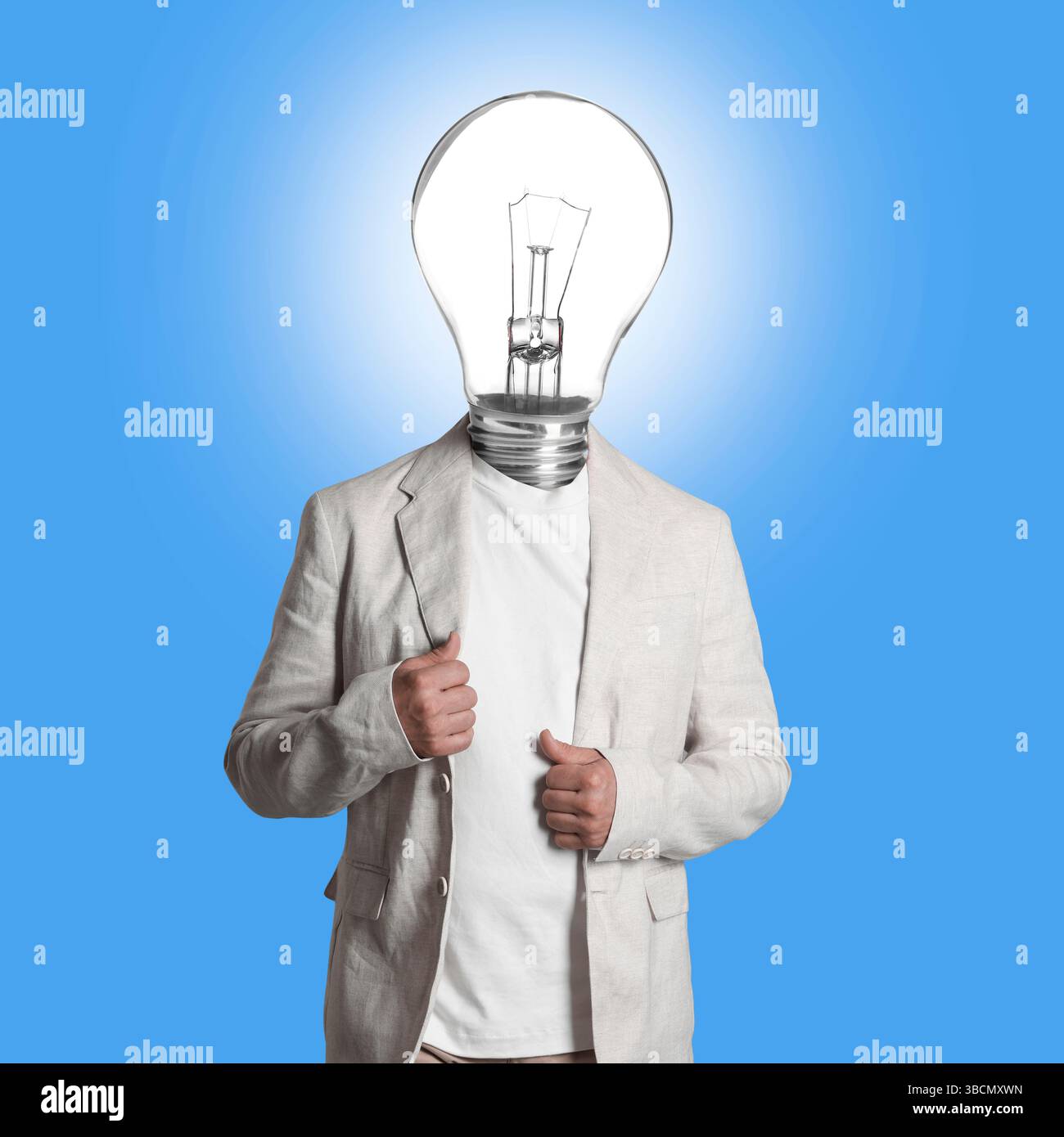 Man with glowing lightbulb instead of head on light blue background ...