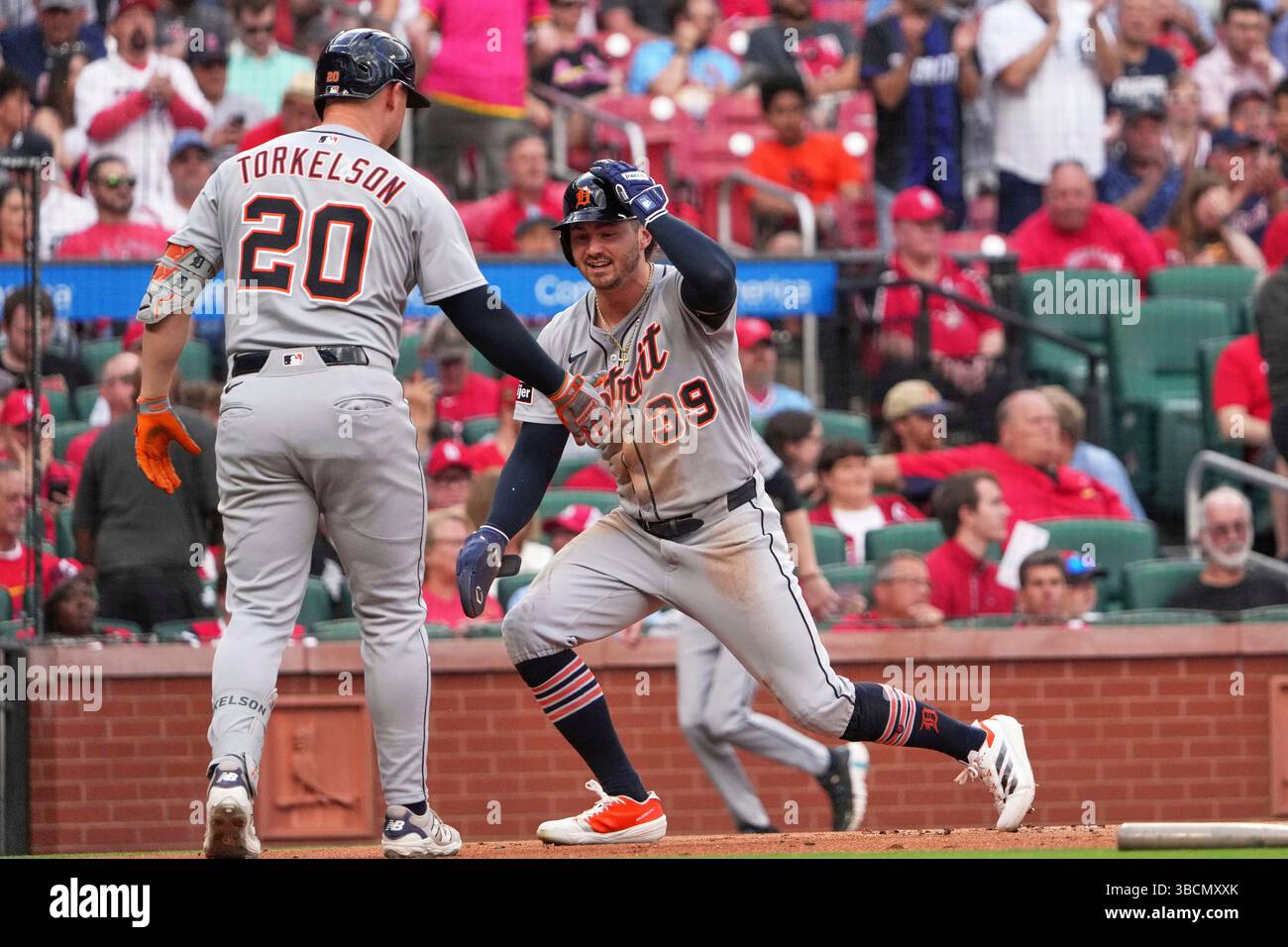 Detroit Tigers' Zach McKinstry (39) is congratulated by teammate ...