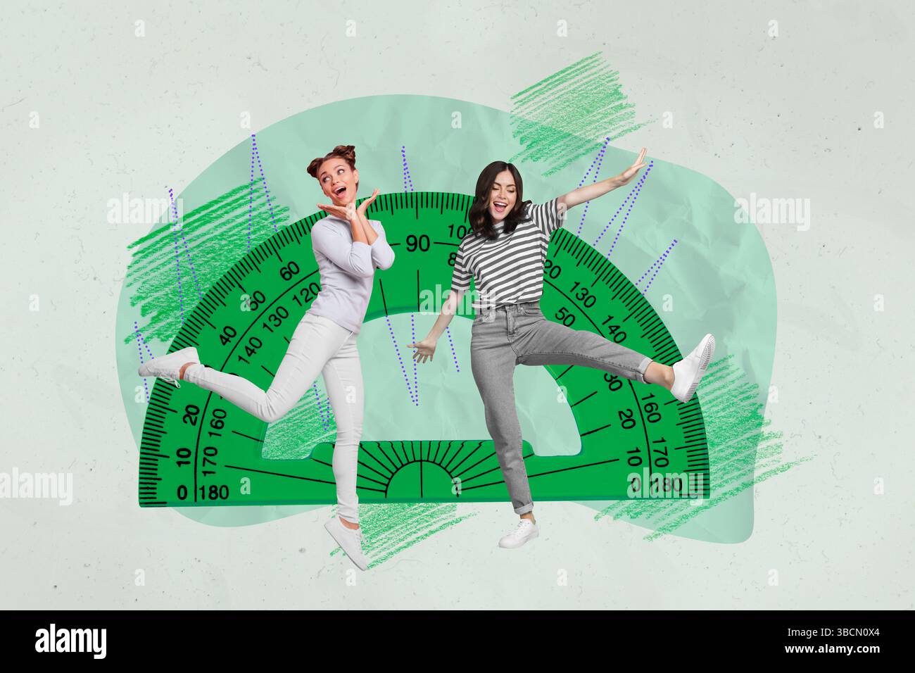 Sketch 3d art image collage of two happy girls students stand ruler ...