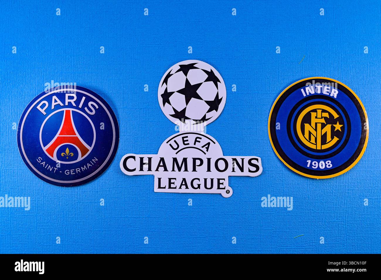 May 16, 2025, Munich, Germany. Emblems of football clubs participating ...