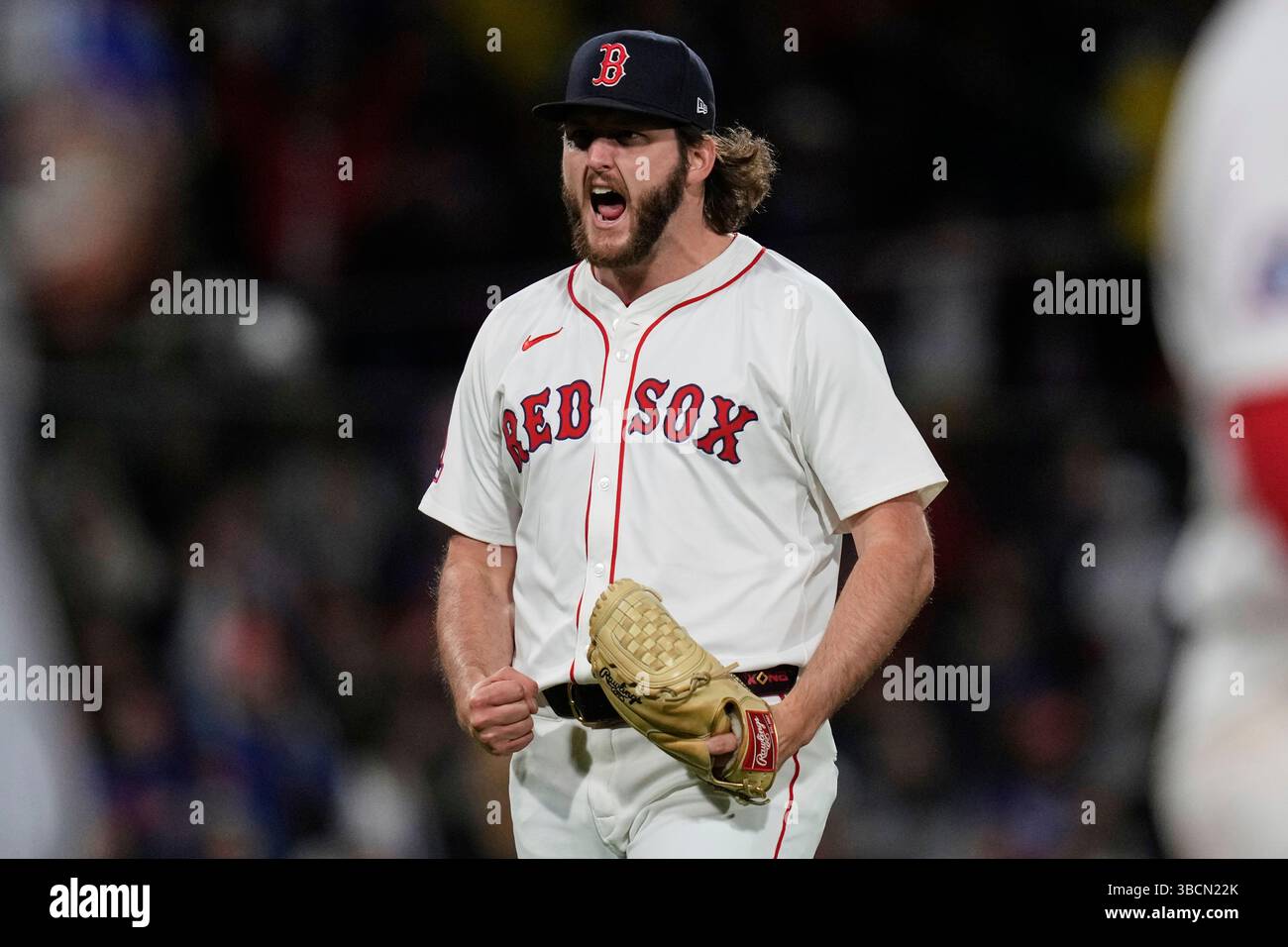 Boston Red Sox pitcher Justin Slaten celebrates after a double play to ...