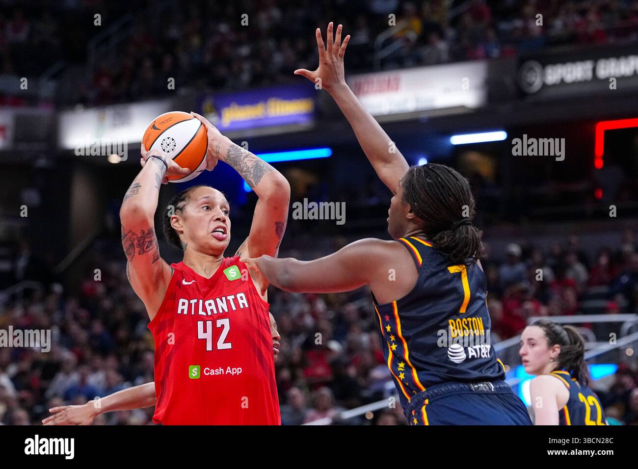 Atlanta Dream center Brittney Griner (42) shoots over Indiana Fever ...