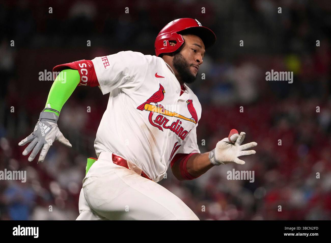 St. Louis Cardinals' Victor Scott II doubles during the seventh inning ...