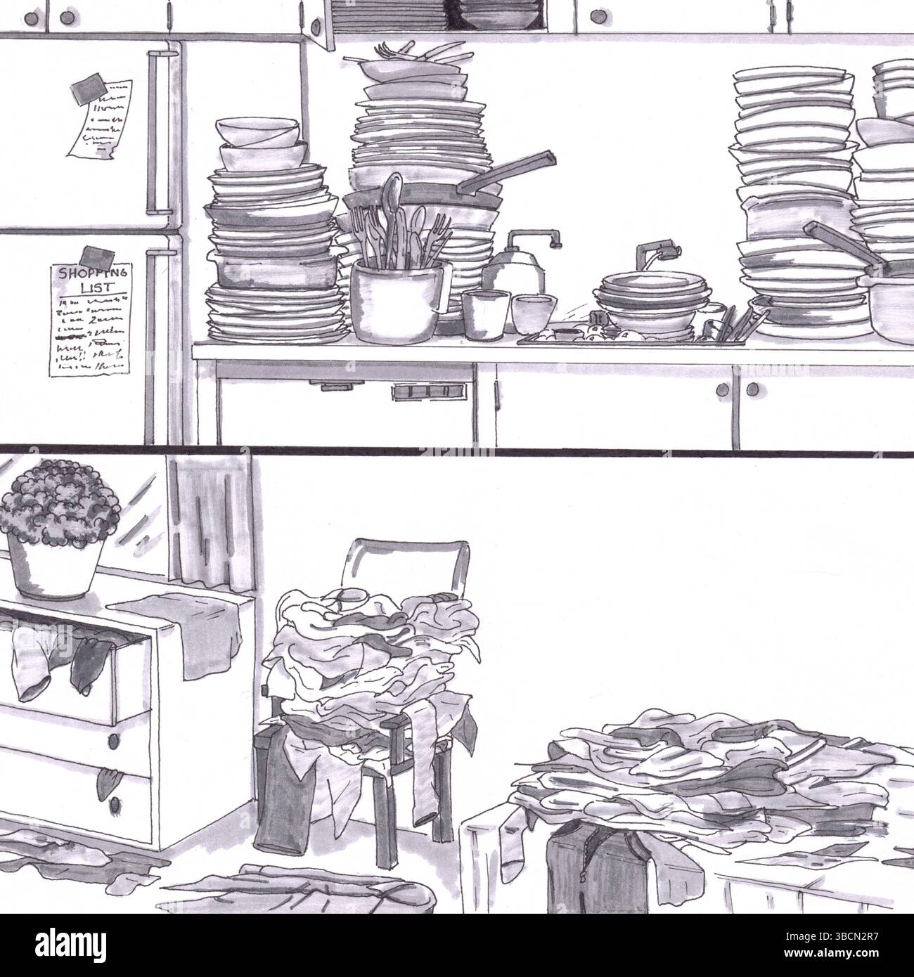 Top illustration of dirty dishes and cookware piled up in a sink and ...