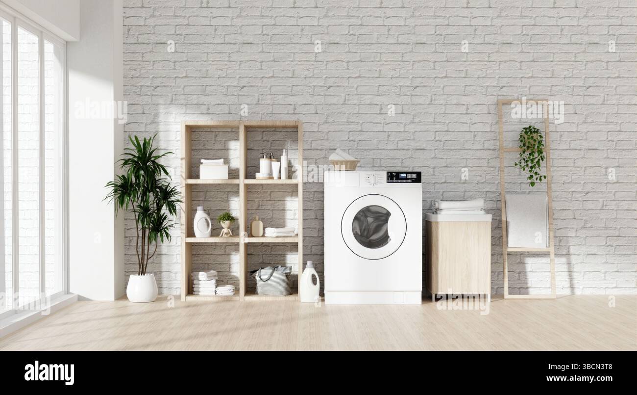 Home interior laundry room design with modern appliances and decor. 3D render illustration Stock ...