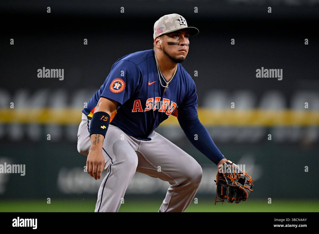 Houston Astros third baseman Isaac Paredes gets into position during a ...