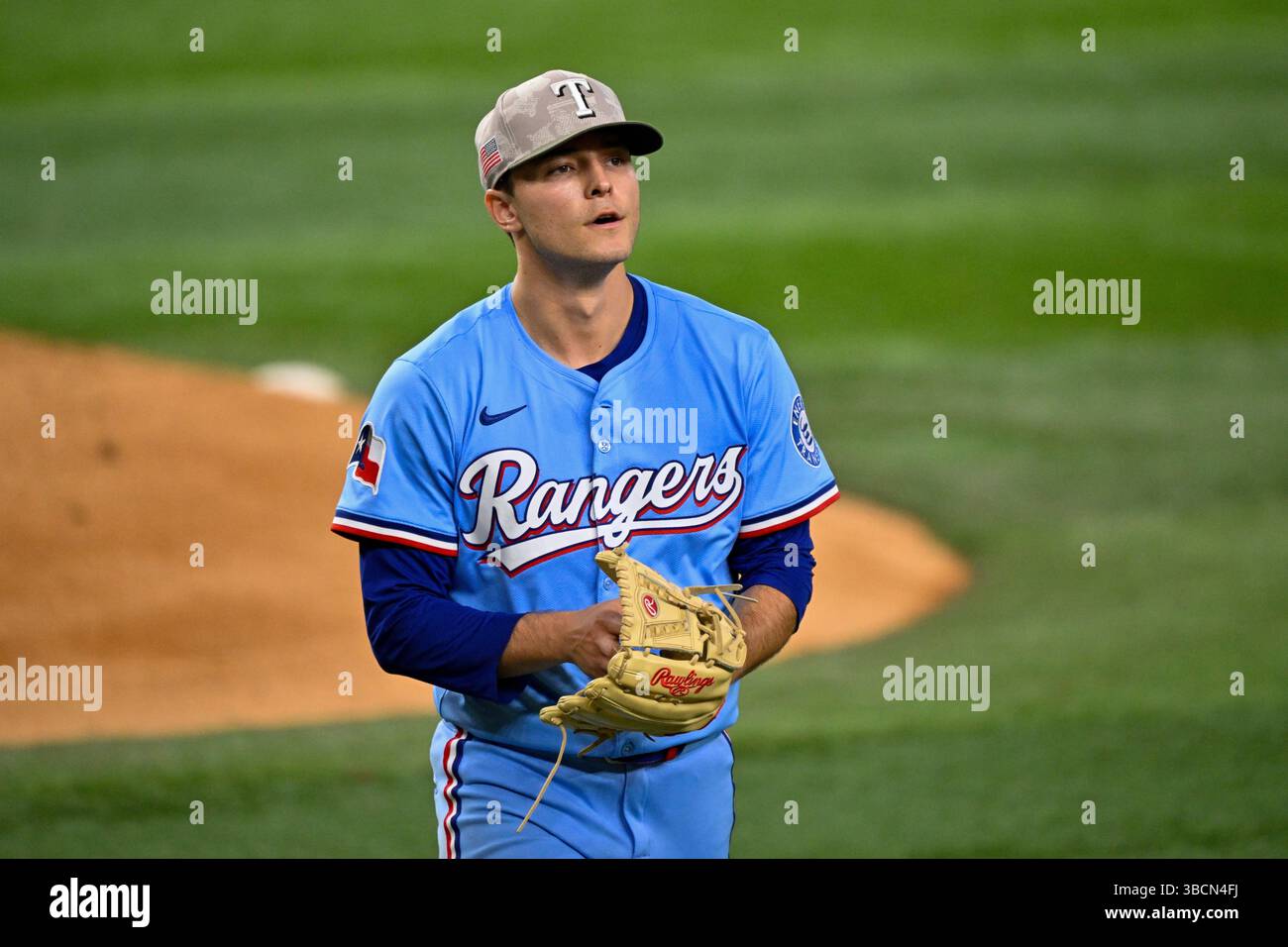 Texas Rangers starting pitcher Jack Leiter comes off the field during a ...