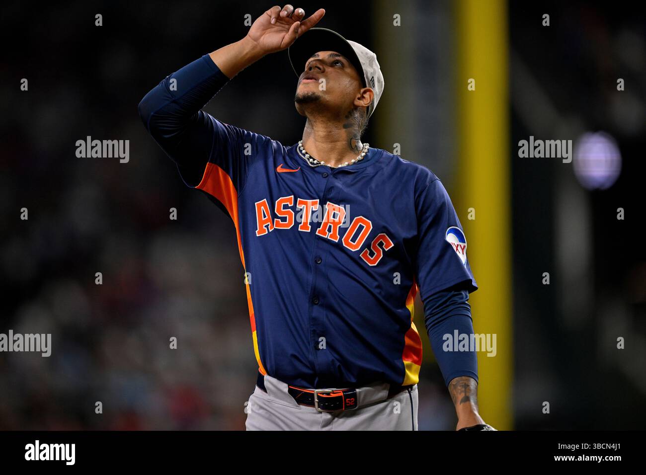 Houston Astros relief pitcher Bryan Abreu comes off the field during a ...